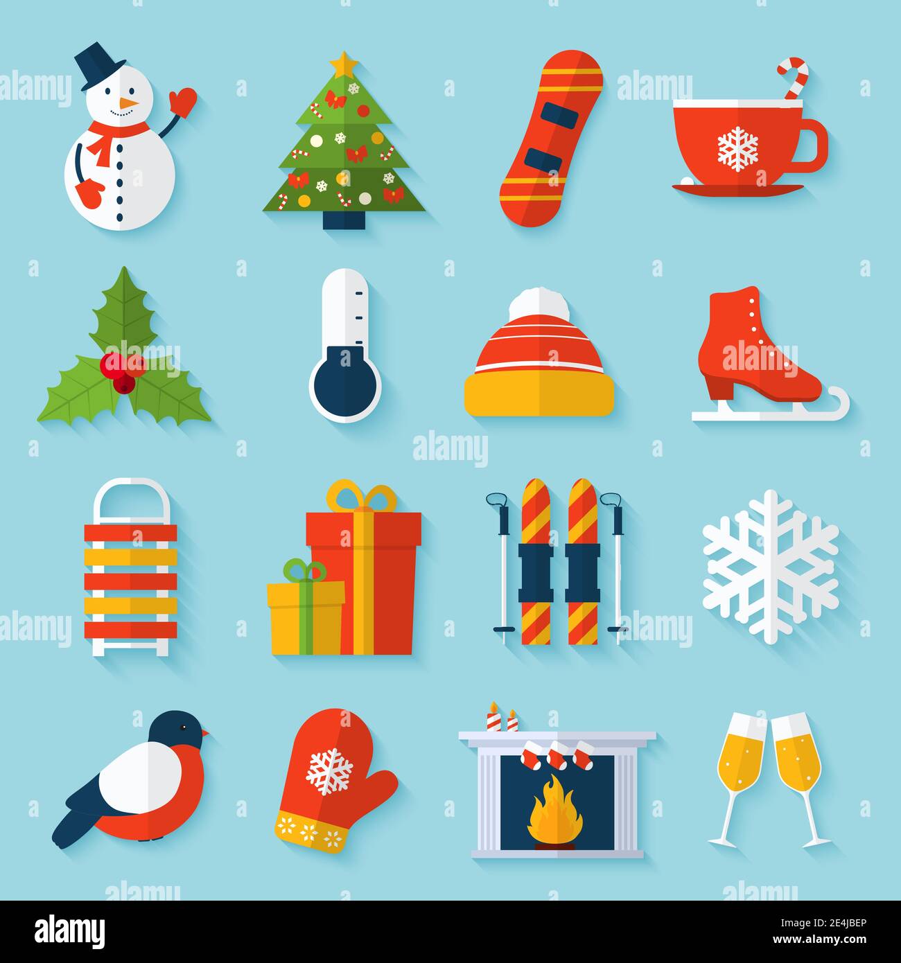 Winter stickers set with snowman christmas tree snowboard cup isolated ...