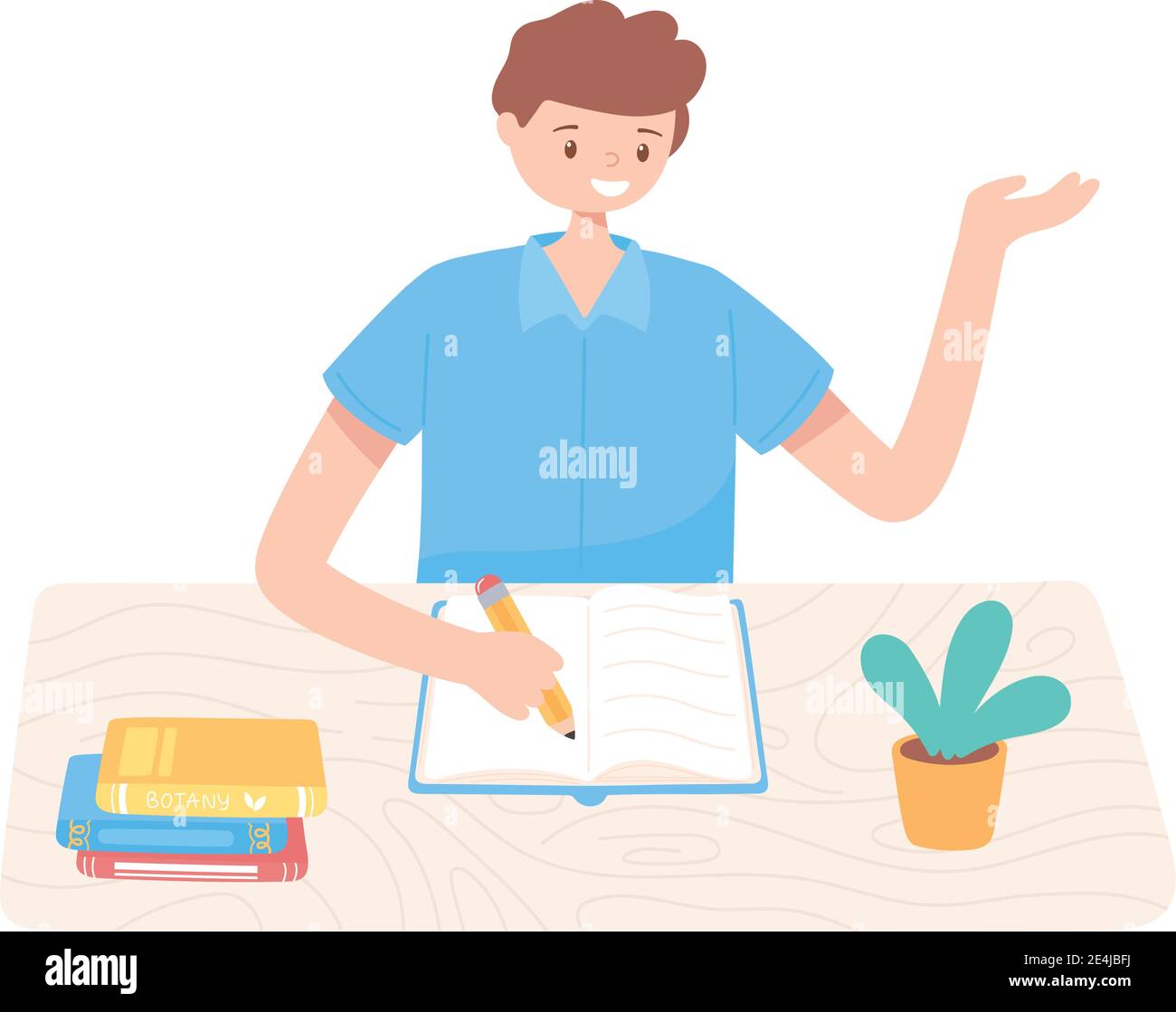 boy with pencil and textbooks reading and studying education vector ...