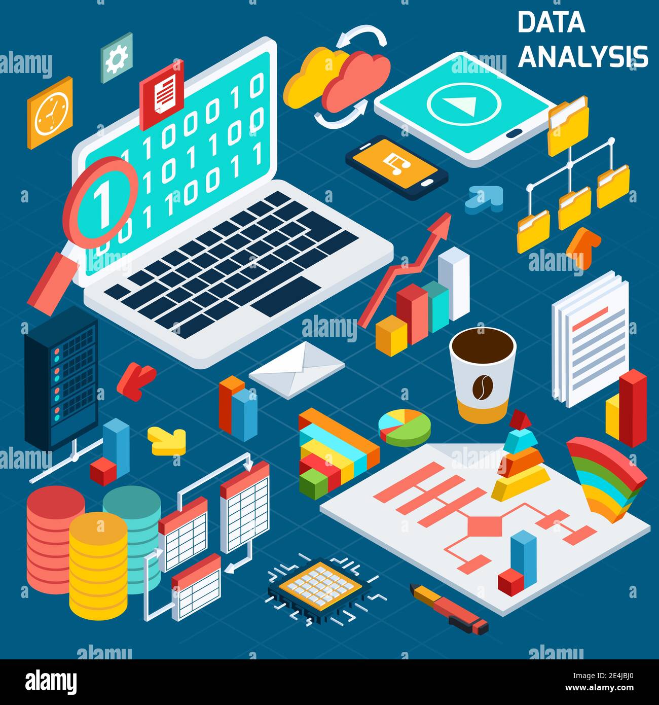 Data analysis digital analytics compute process decorative icons ...