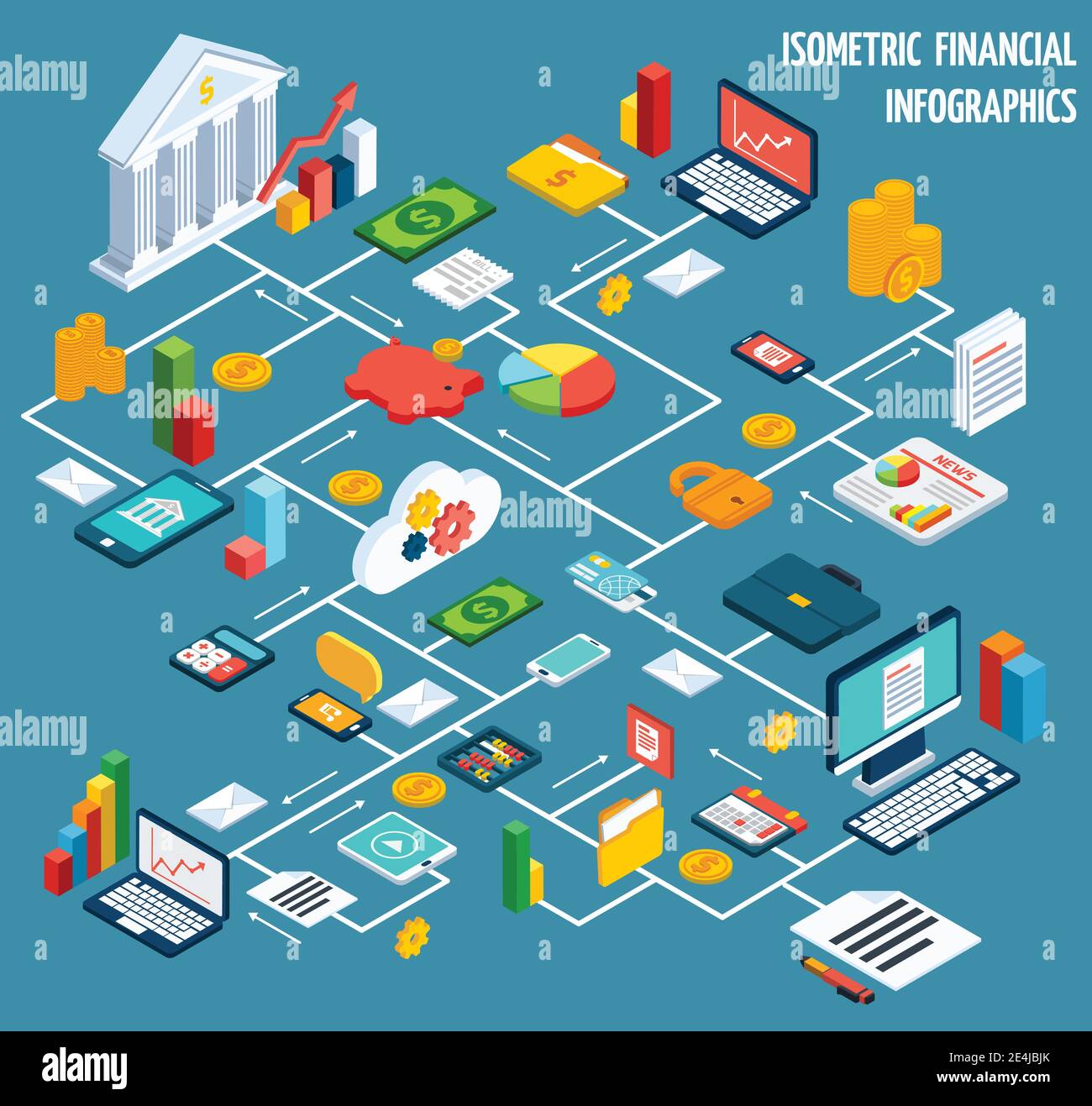 Isometric financial flowchart infographic with security reliability stability growth elements ...