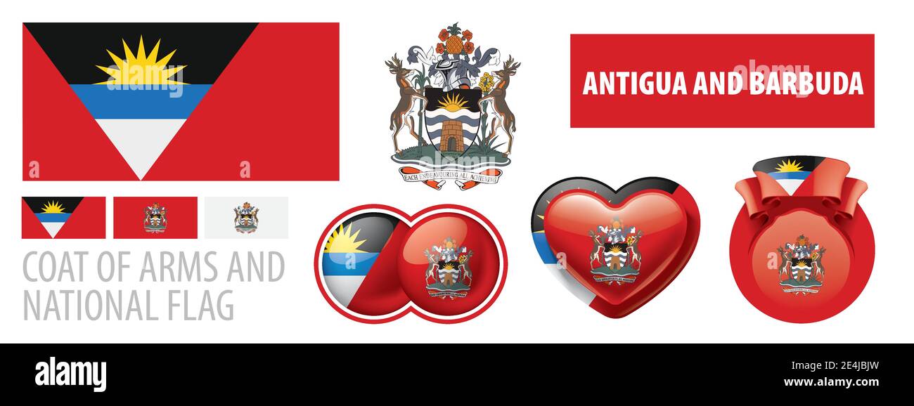 Vector set of the coat of arms and national flag of Antigua and Barbuda ...
