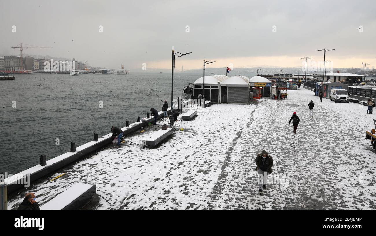 ISTANBUL, TURKEY - JANUARY 18, 2021: Snowy street in Eminonu District ...