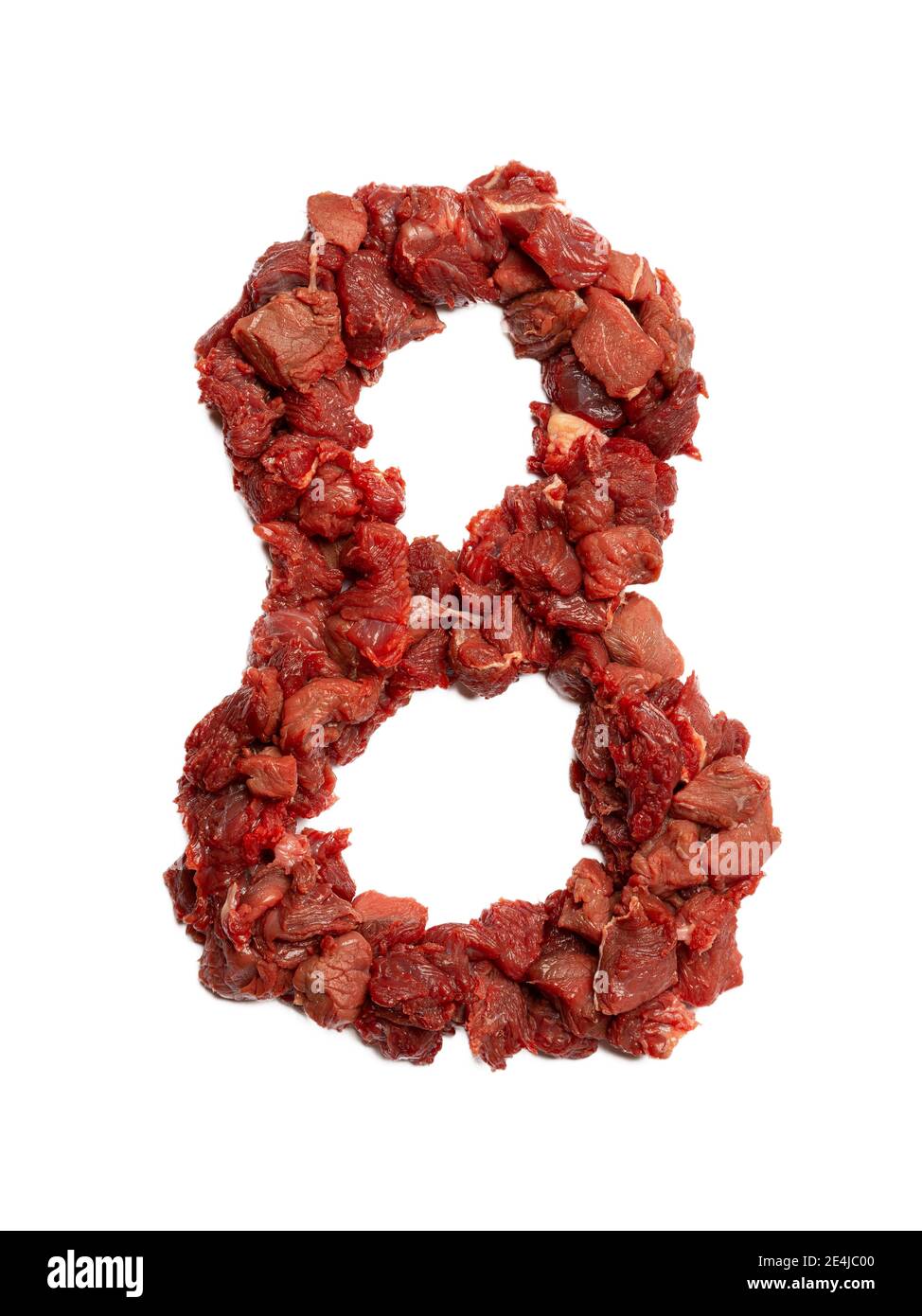 Arabic numeral "8" from cuts of beef on a white isolated background ...