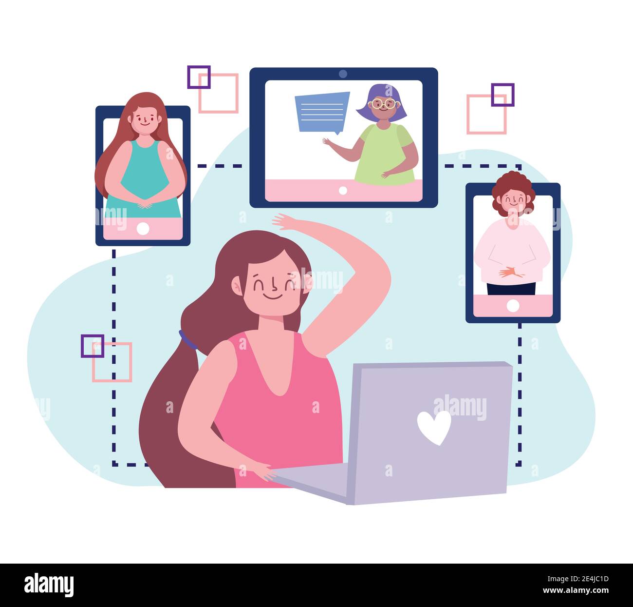 virtual party, people connected by devices, meeting celebration online ...