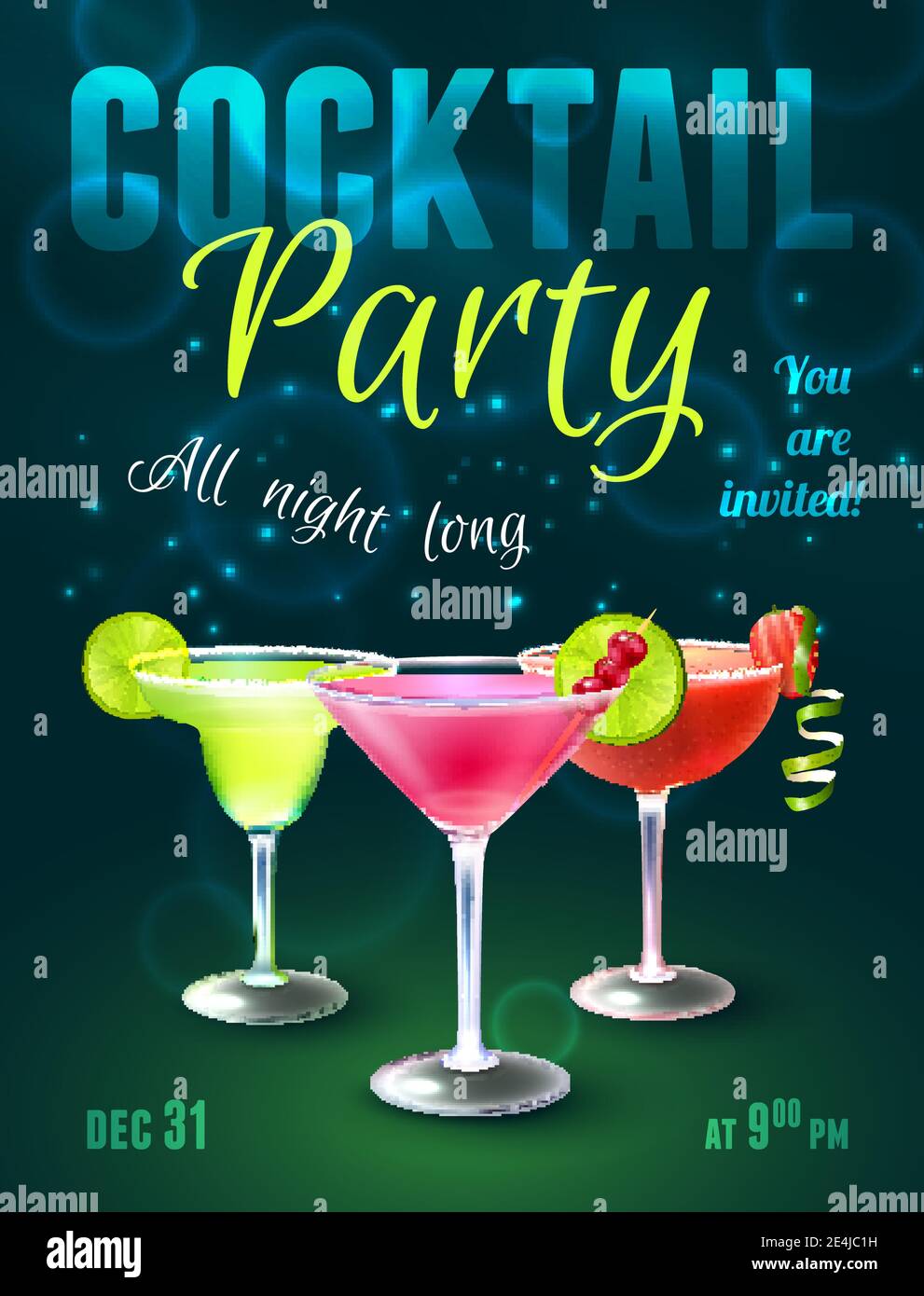 Cocktail party poster with alcohol beverages in glasses on dark blue ...