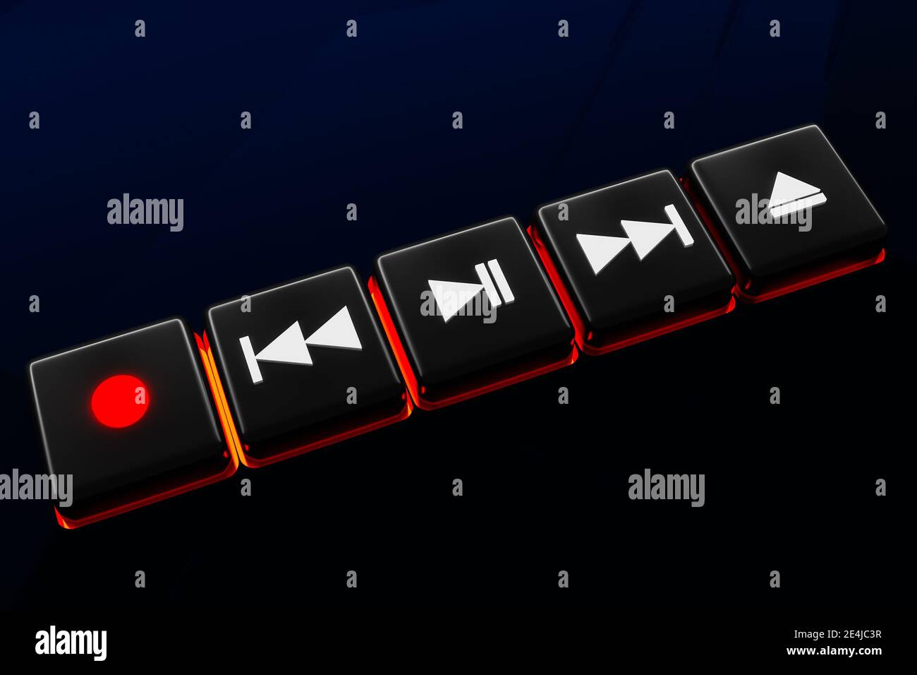 3d illustration of music switch button: start, next and previous song ...