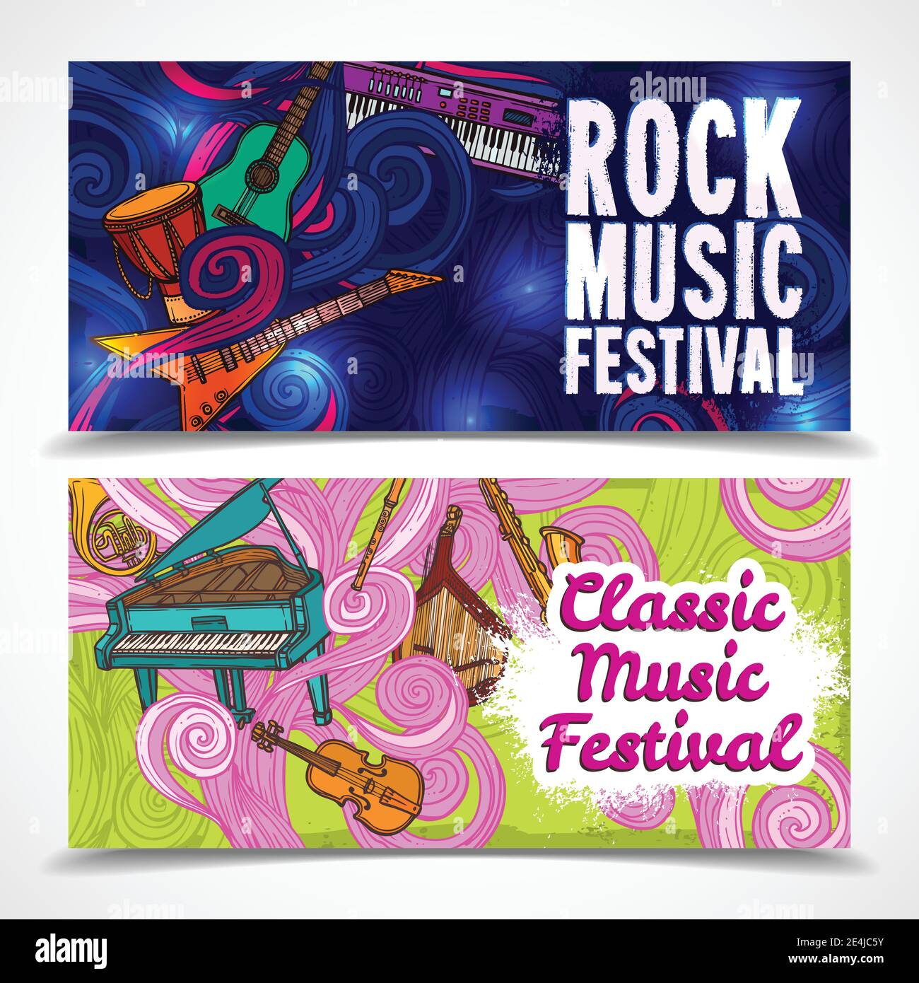 Classic and rock music festival horizontal banners set with piano ...