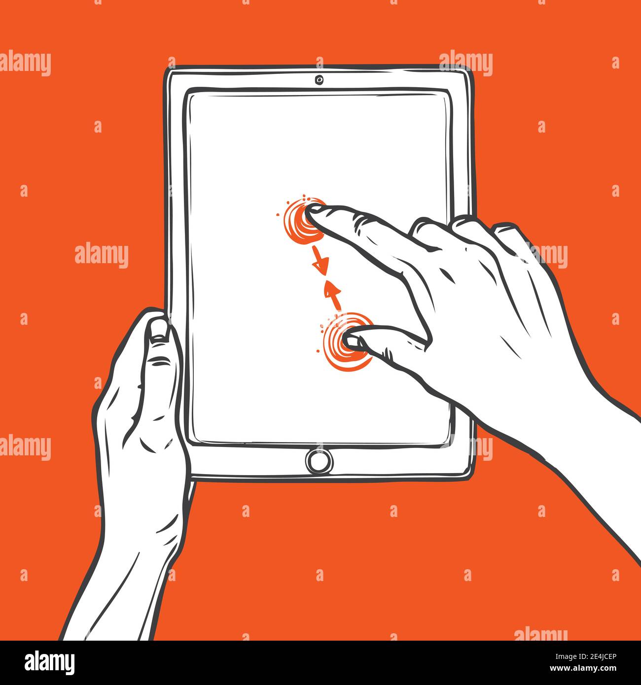 Hand holding tablet portable device and pinch gesture sketch on red ...
