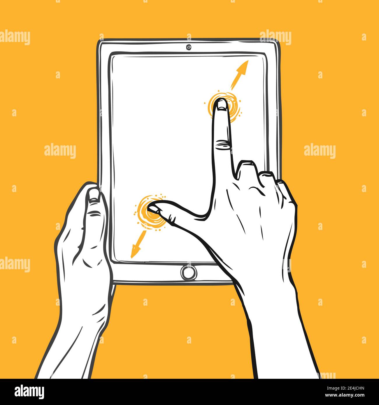 Hand holding tablet gadget and pinch gesture sketch on orange ...