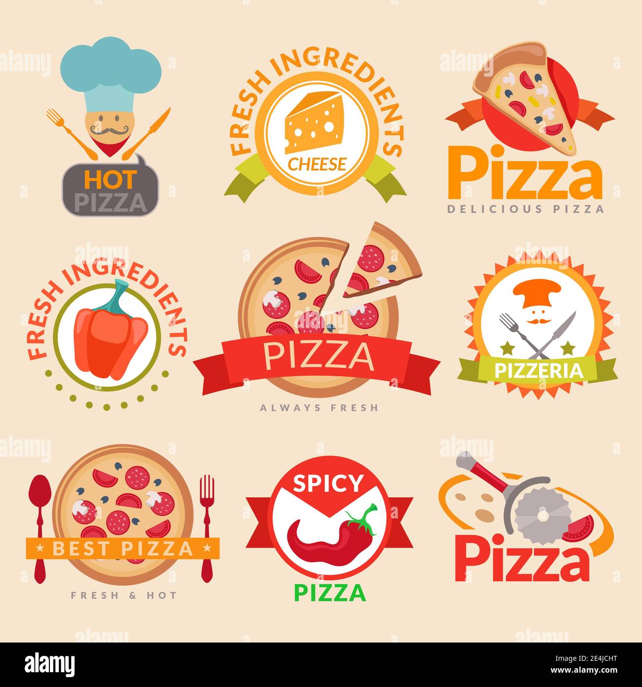 Pizzeria hot pizza fresh ingredients spicy delicious food label set ...