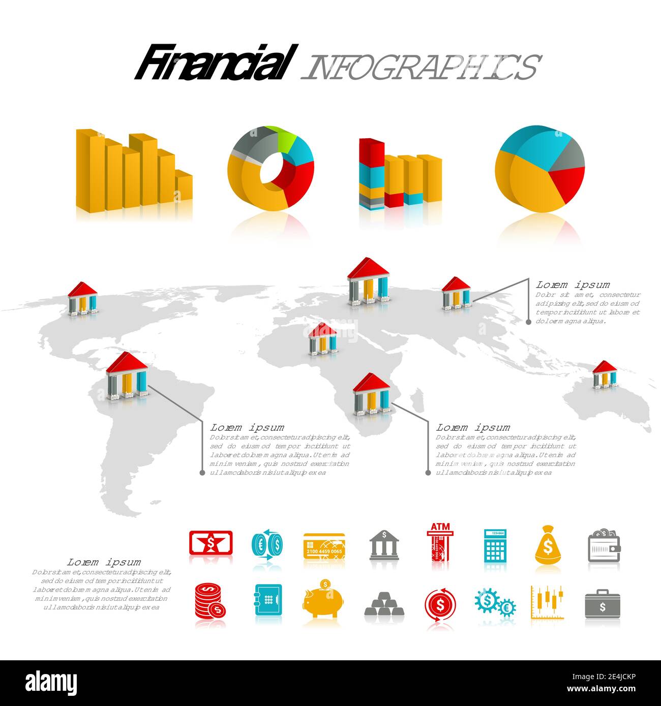 Bank service money financial infographic set with world map and charts ...