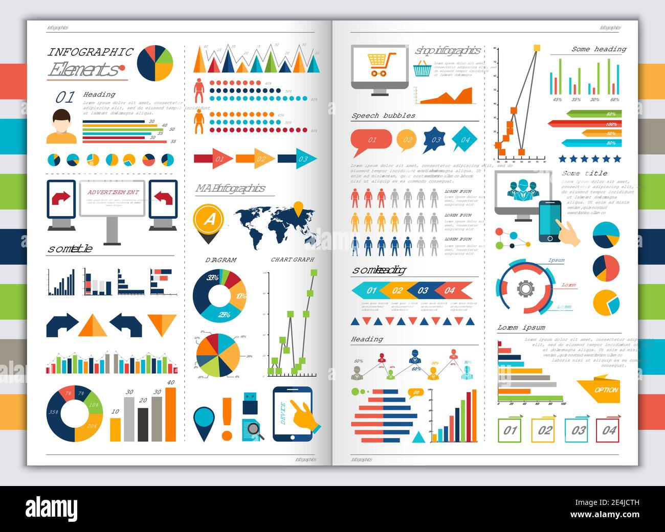 Flat paper infographic set with charts and bookmarks title and heading ...