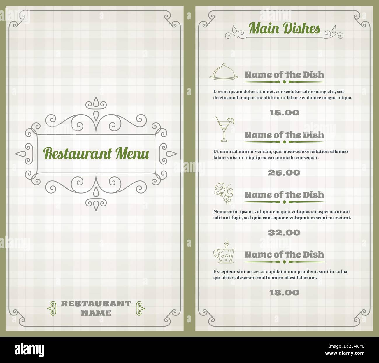 Elegant restaurant menu list with decorative elements on squared ...