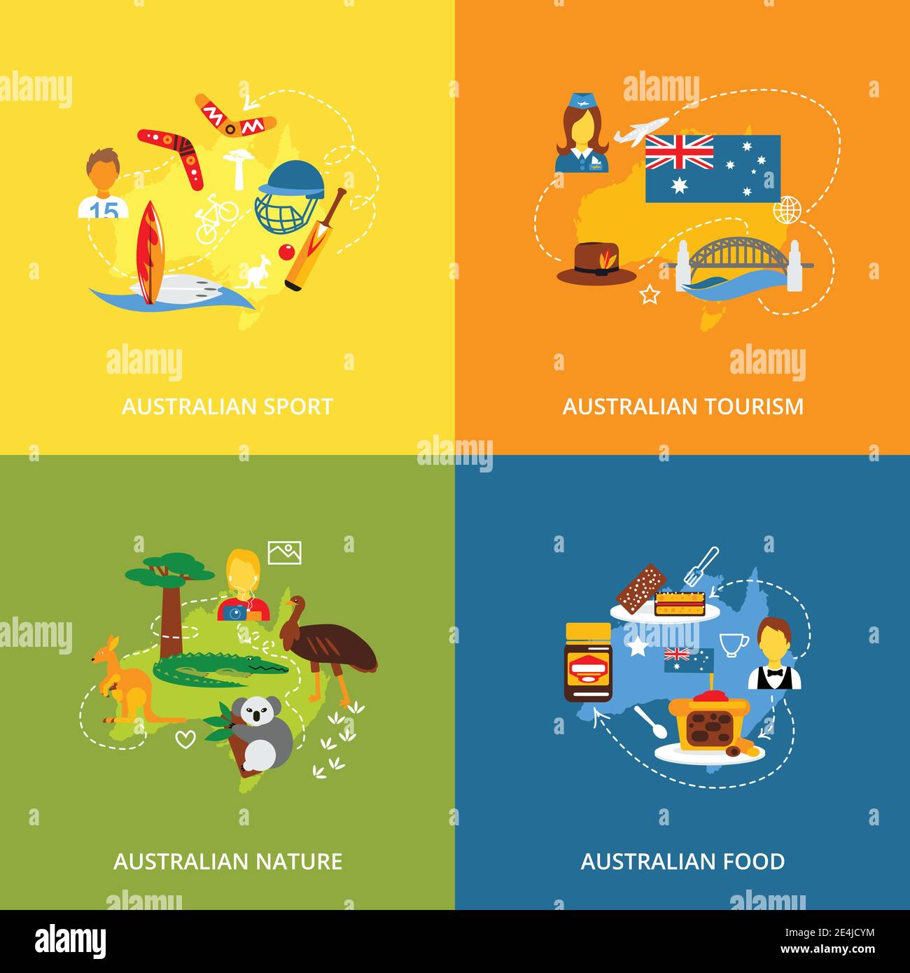 Australia travel icons flat set with australian sport tourism nature ...