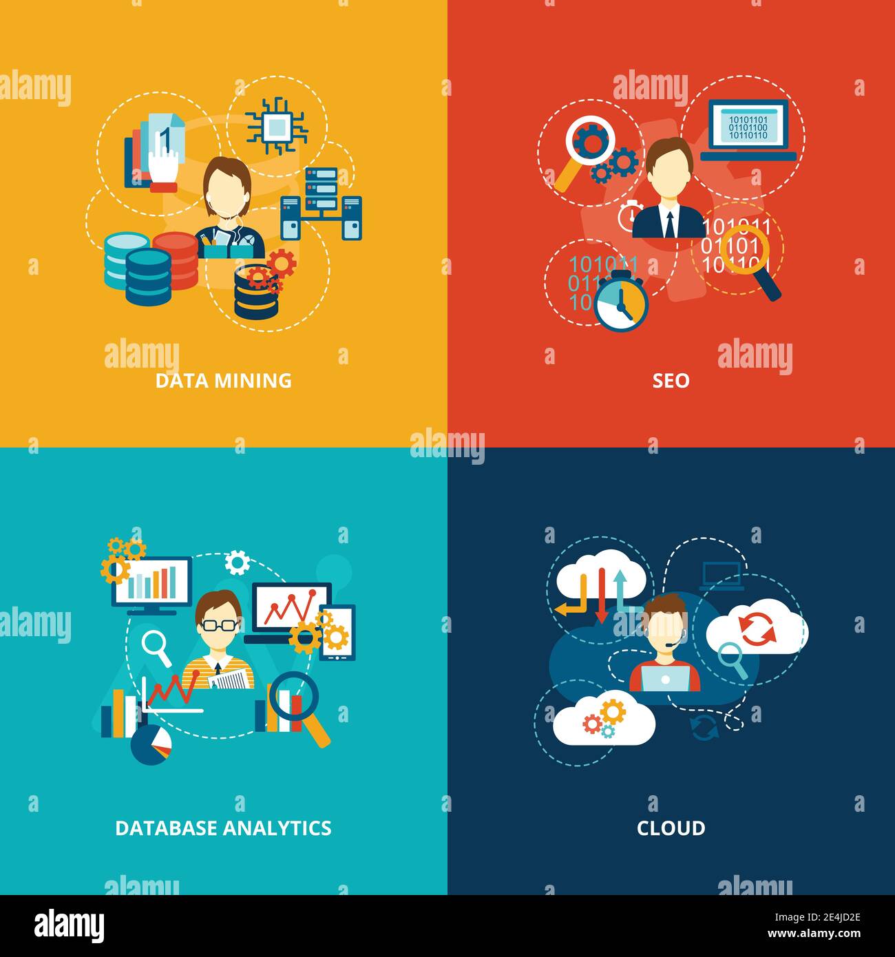 Database analytics icons flat set with data mining seo cloud isolated ...
