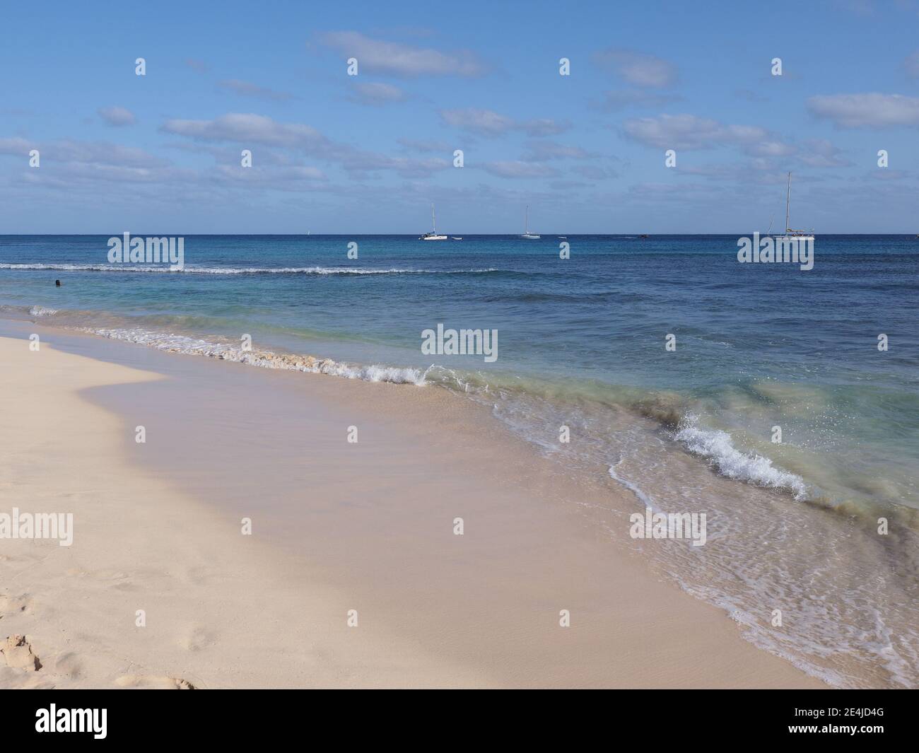 Seaside at sandy beach on Atlantic Ocean in african Santa Maria town at ...