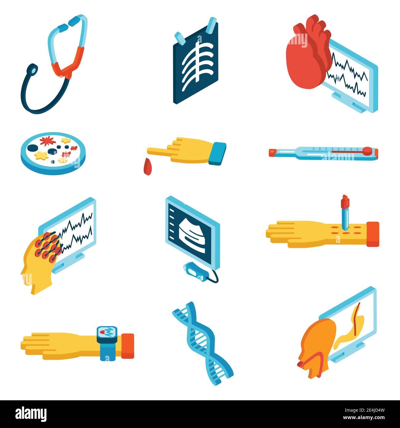 Medical isometric icons set with phonendoscope blood test dna isolated ...