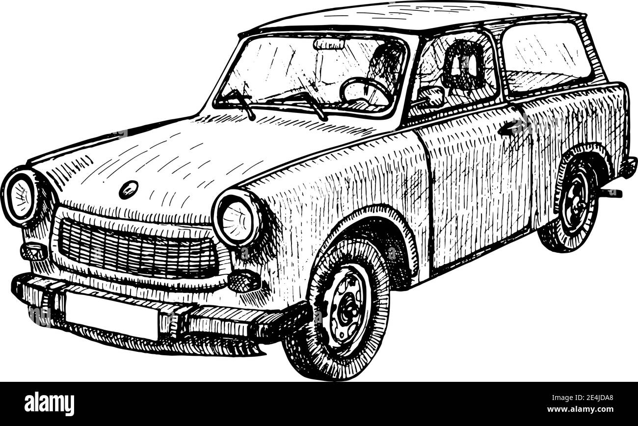 Hand drawn vintage old timer city car, doodle sketch graphics ...
