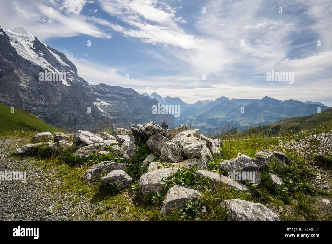 View of the Bernese Alps seen from the path above Kleine Scheidegg in ...