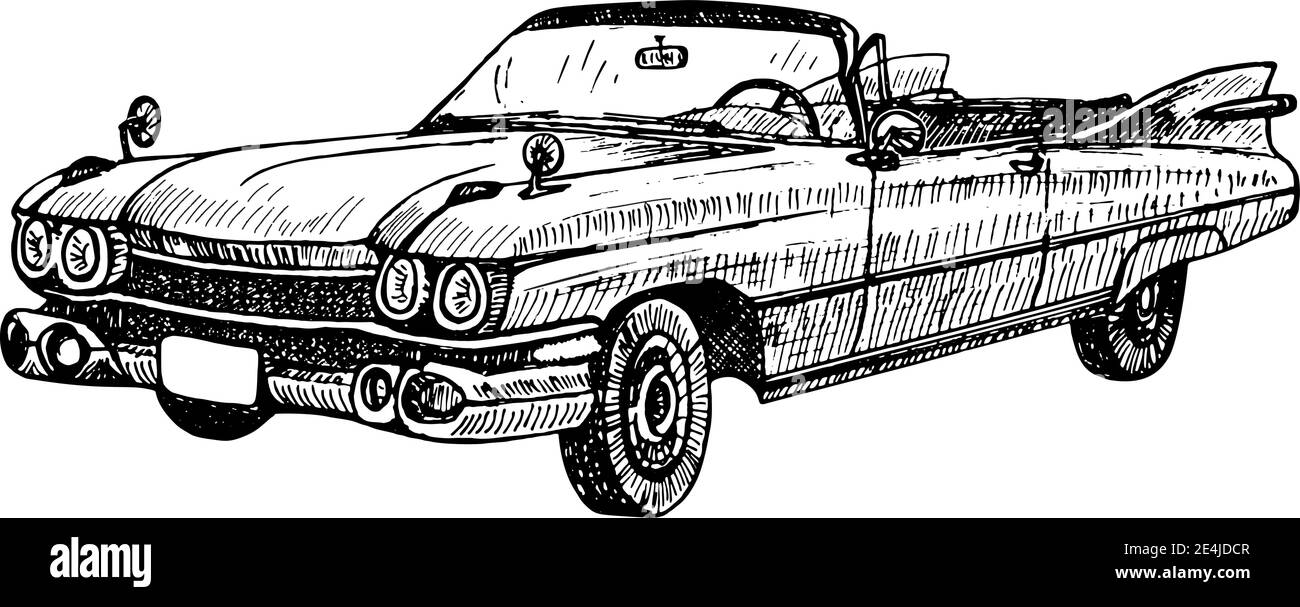 Hand drawn vintage retro old timer cabriolet, doodle sketch graphics ...