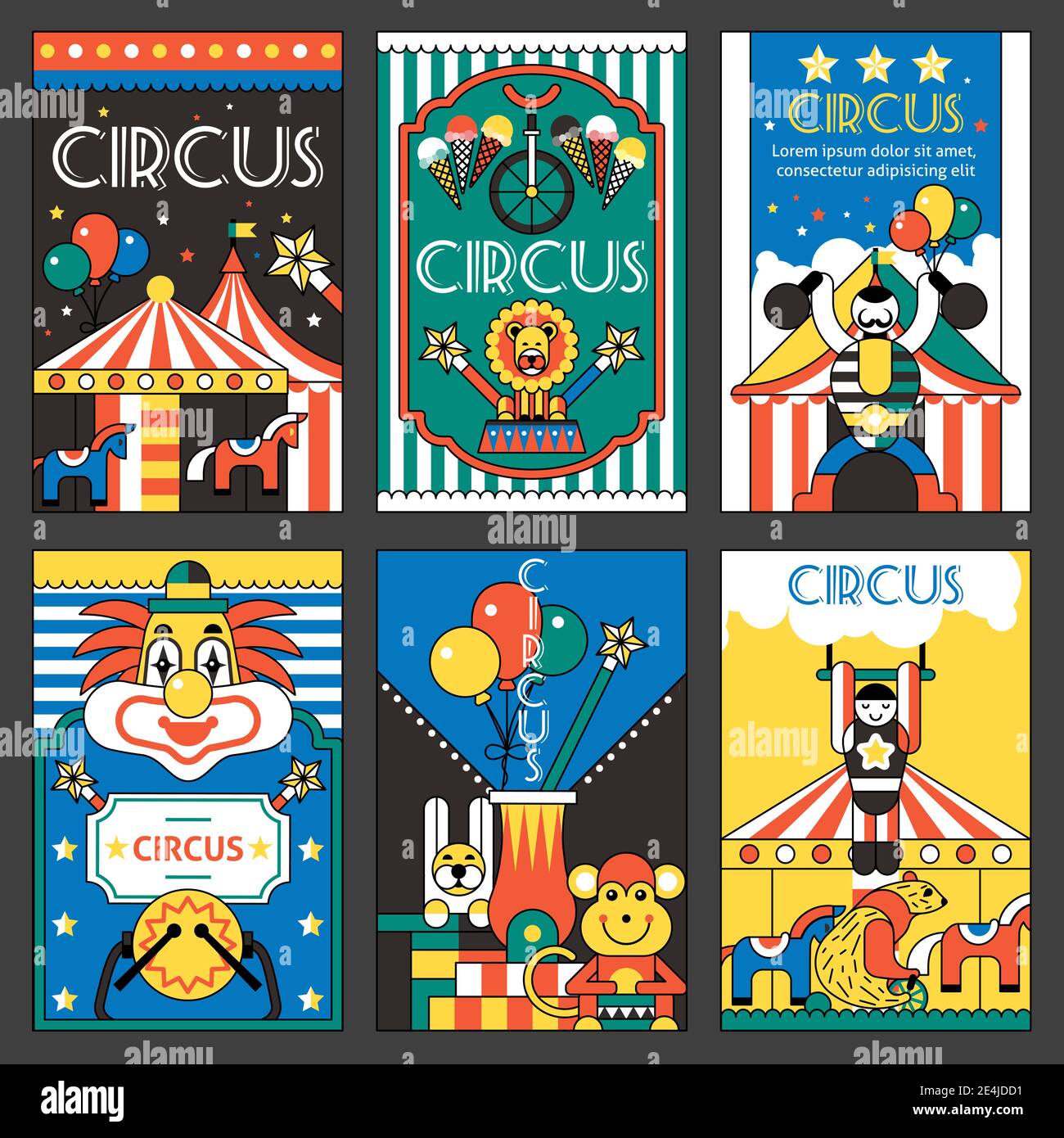 Circus entertainment fun park holiday retro posters set isolated vector ...