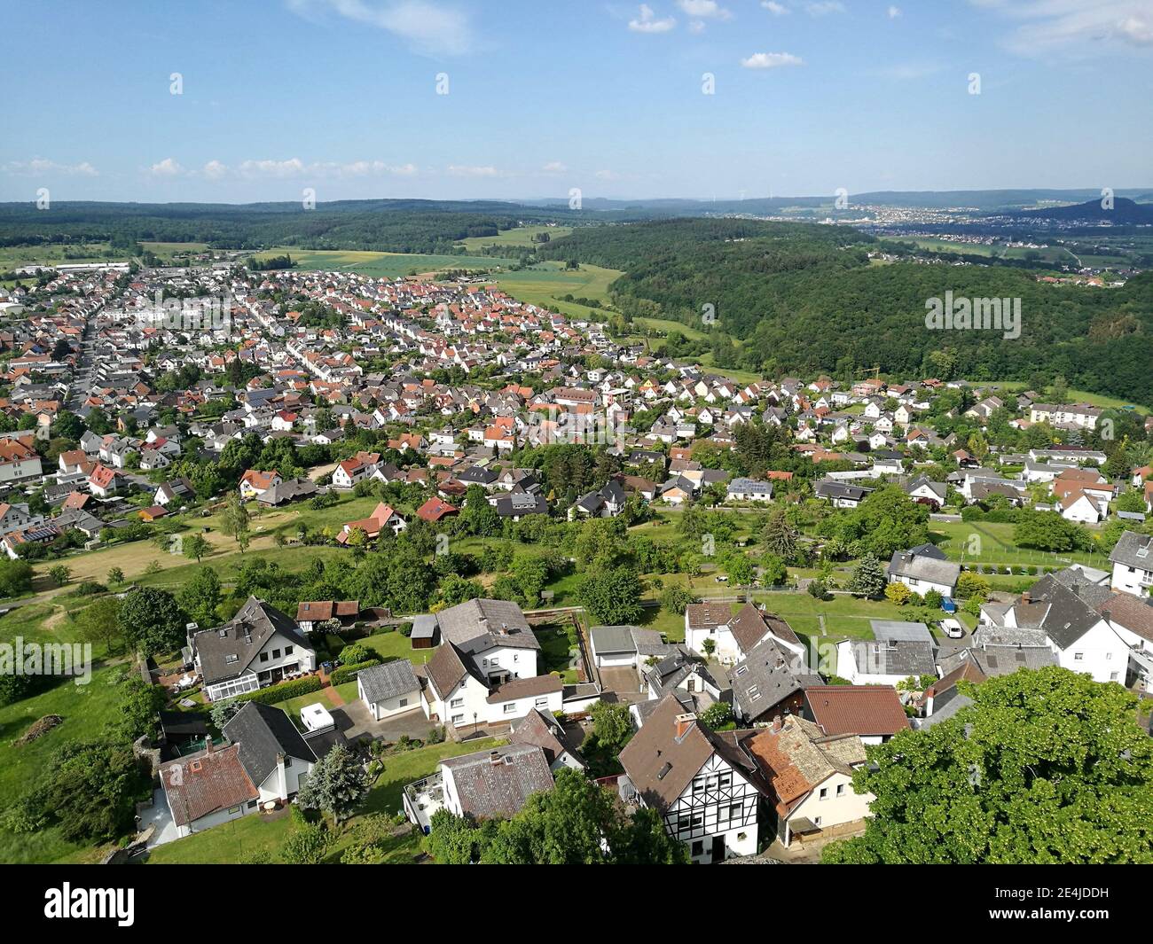 An aerial view of a small rural town residential buildings in the ...