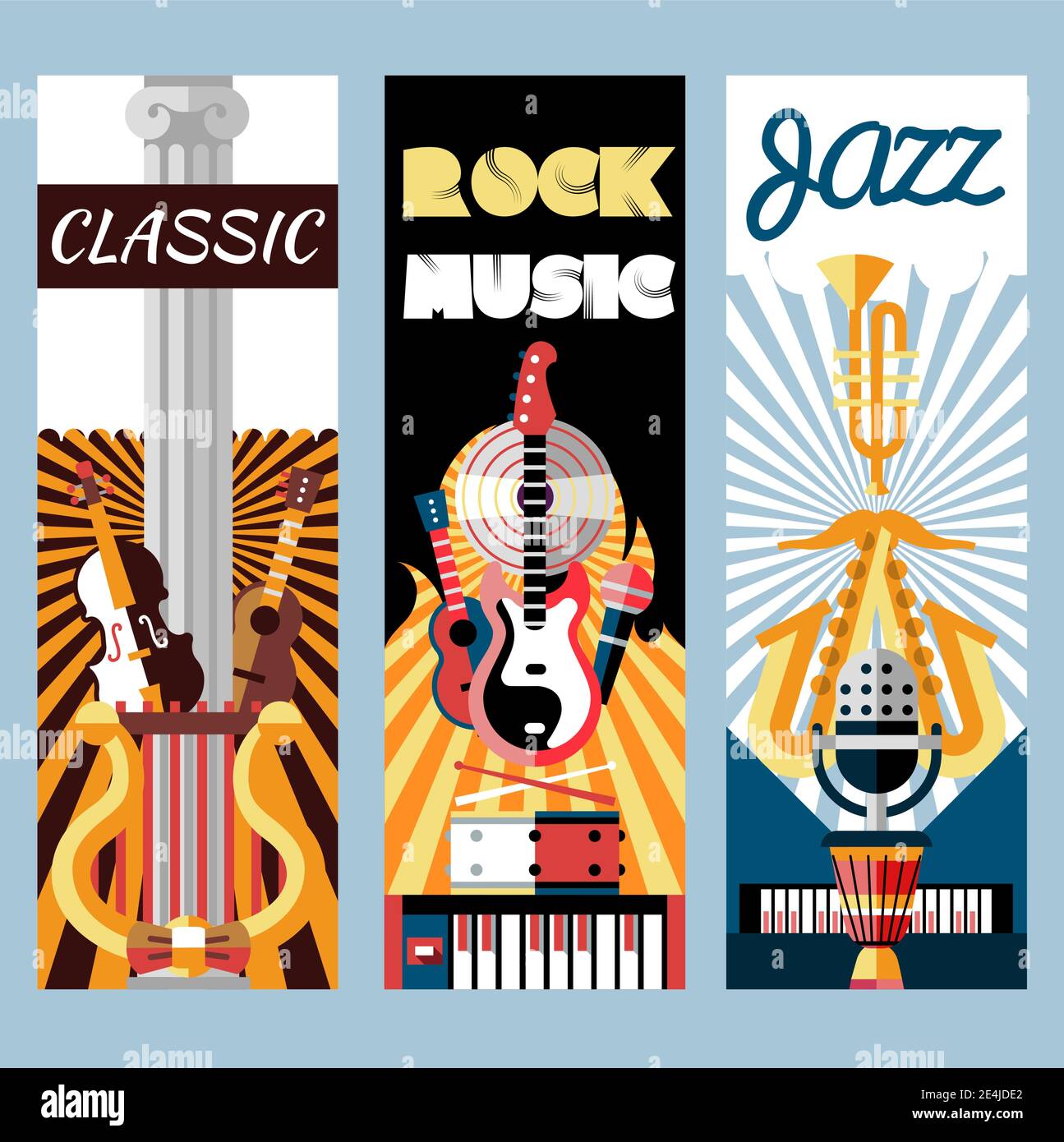 Music flat vertical banners set with jazz classic rock instruments ...