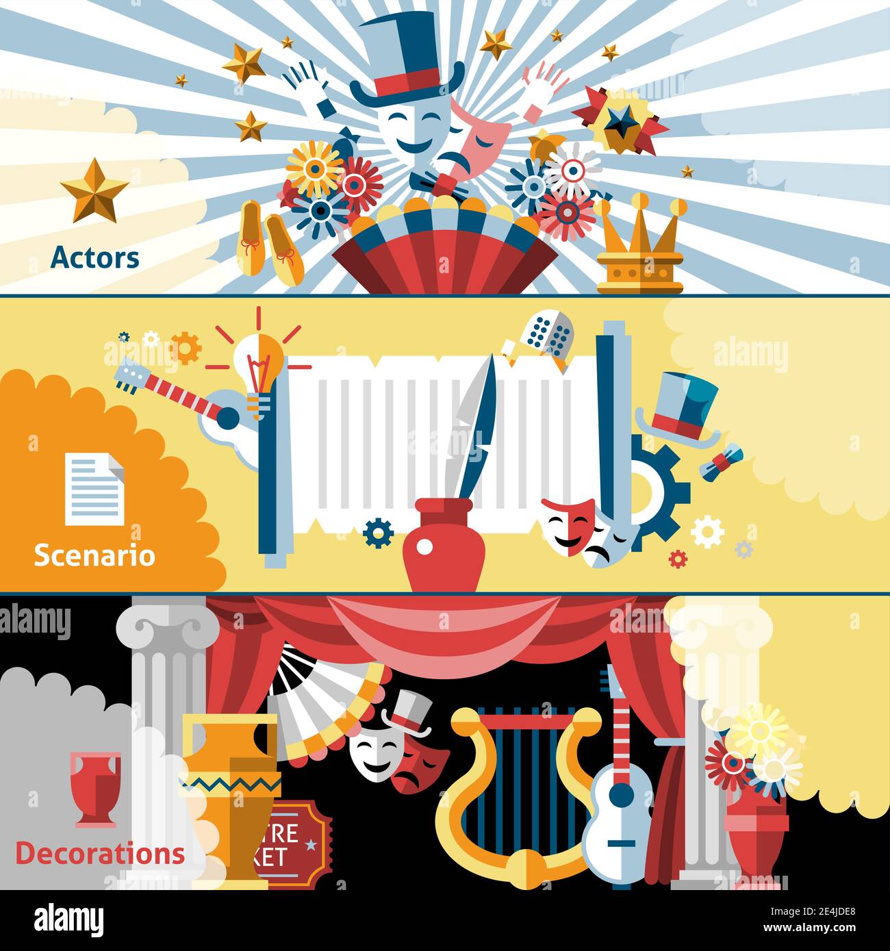 Theatre flat banner set with actors scenario decorations isolated ...