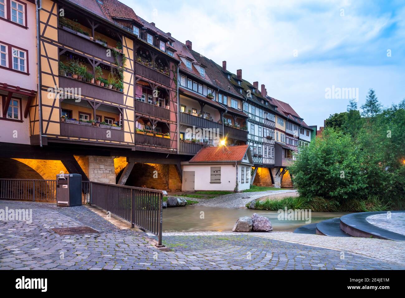 Germany, Erfurt, Karmerbrucke with the historic houses on Gera river ...