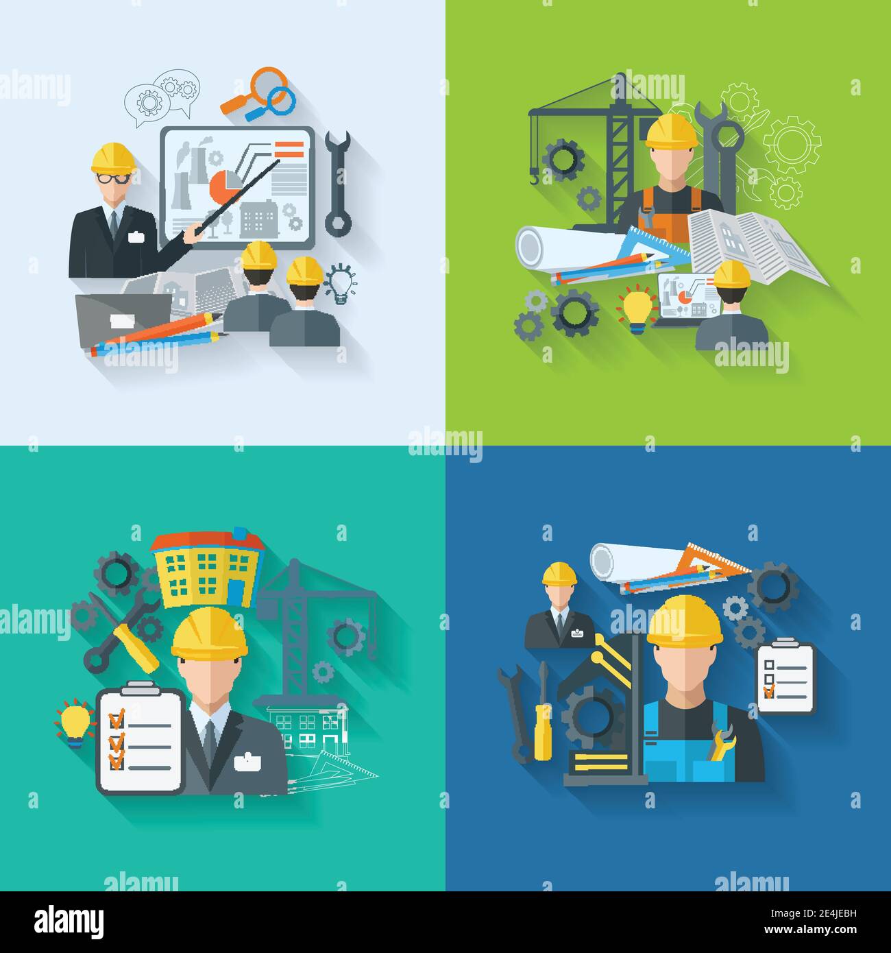 Engineer construction manufacturing workers with gears drafts and tools ...