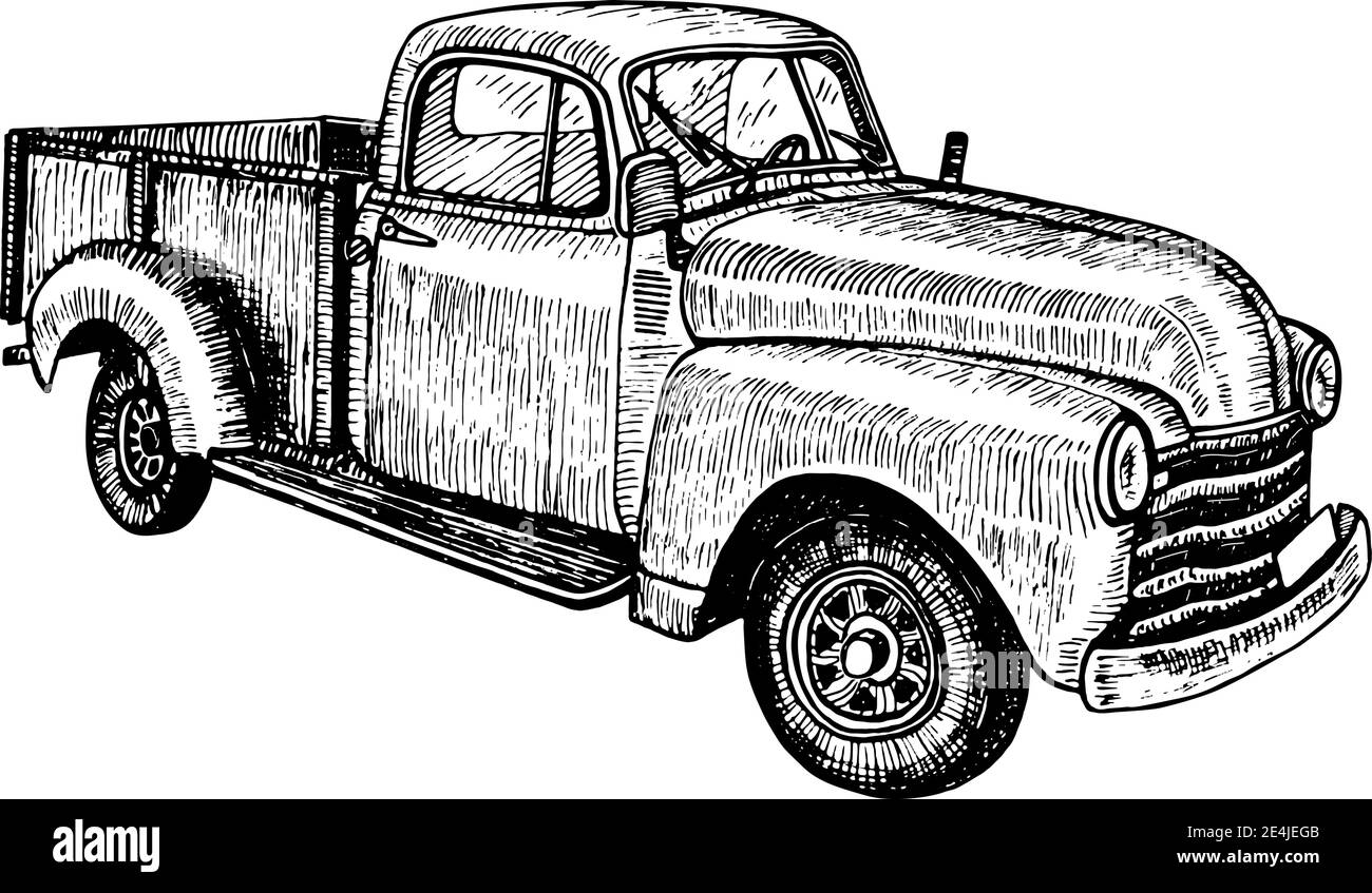 Hand drawn vintage retro oldtimer car pickup, doodle sketch graphics ...