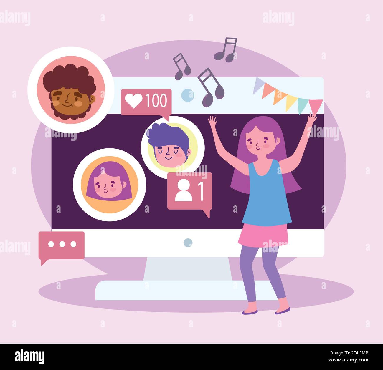 virtual party, girl celebrating dancing with people on video call ...