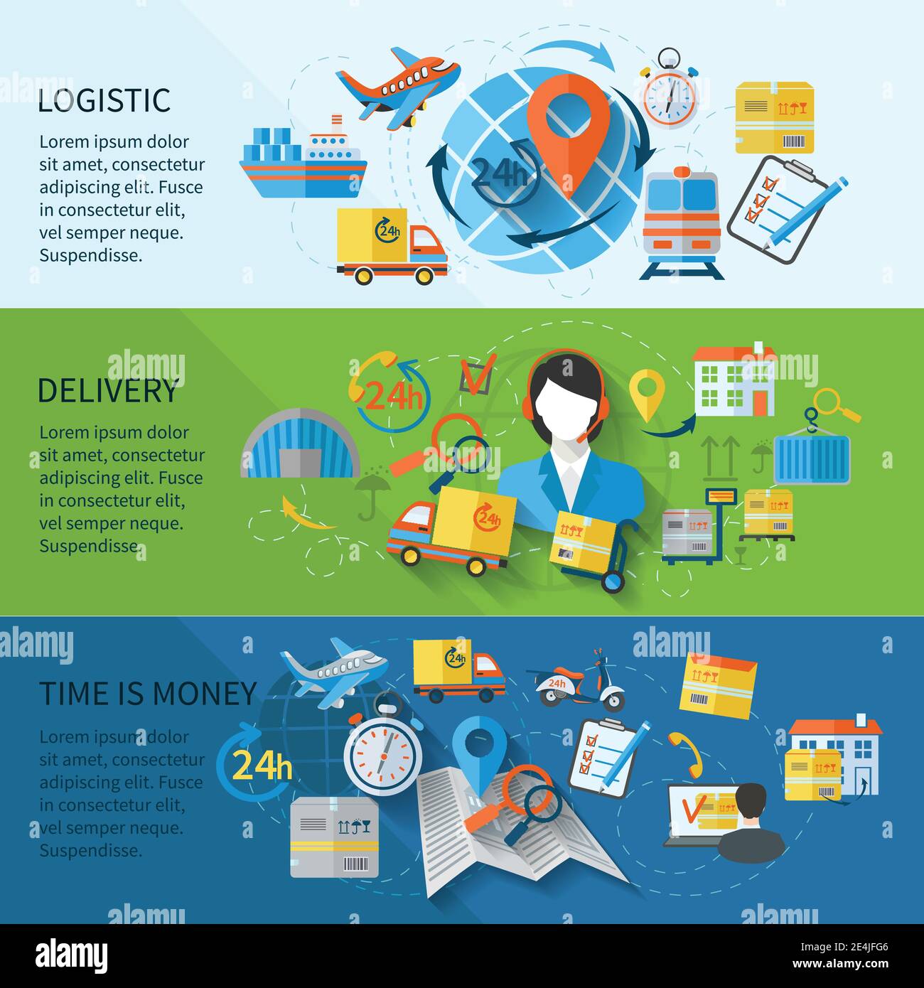 Logistic banner set with services time is money elements isolated ...