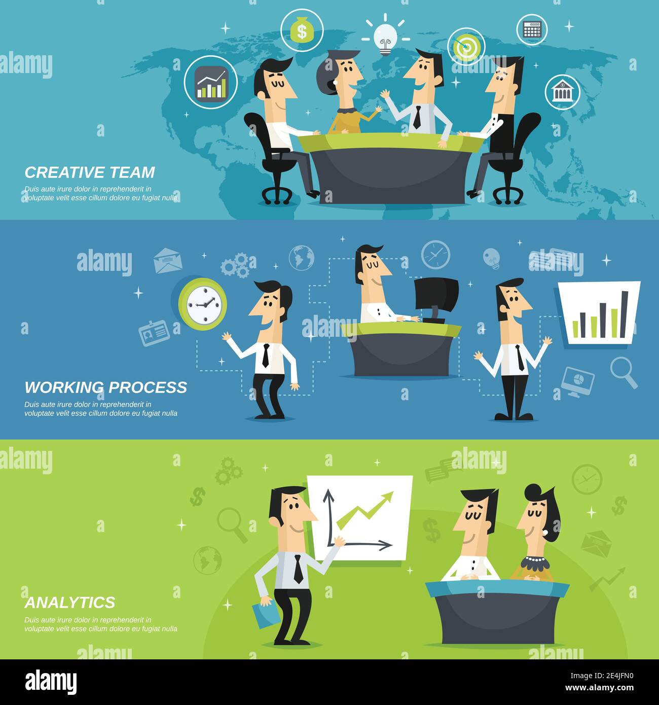 Office work team creative planning strategy and analytic results presentation horizontal banners ...