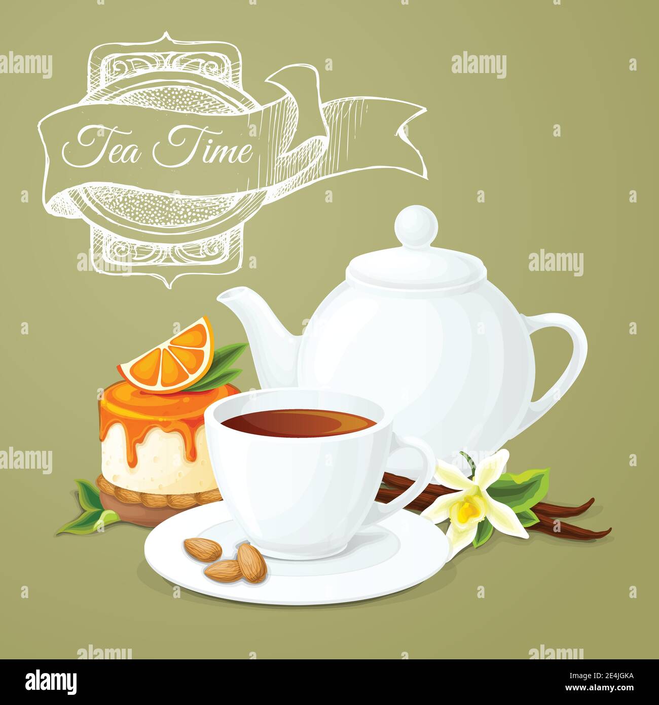 Tea party poster with cup pot orange dessert and badge vector ...