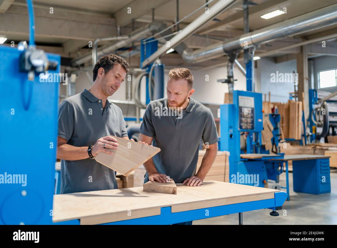 Two carpenters talking while examining wood in production hall Stock ...