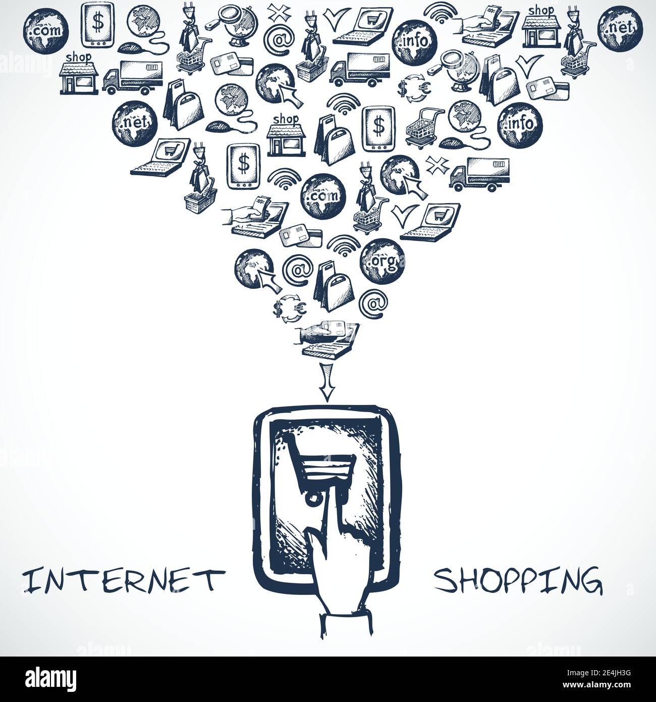 Internet shopping ecommerce concept with sketch hand touching tablet ...