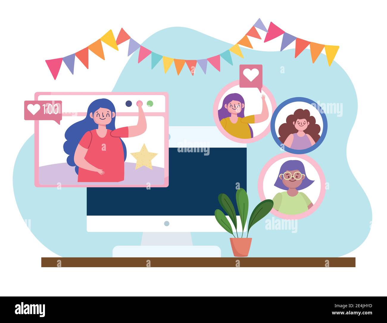 virtual party, friends remote meeting celebrating event vector ...