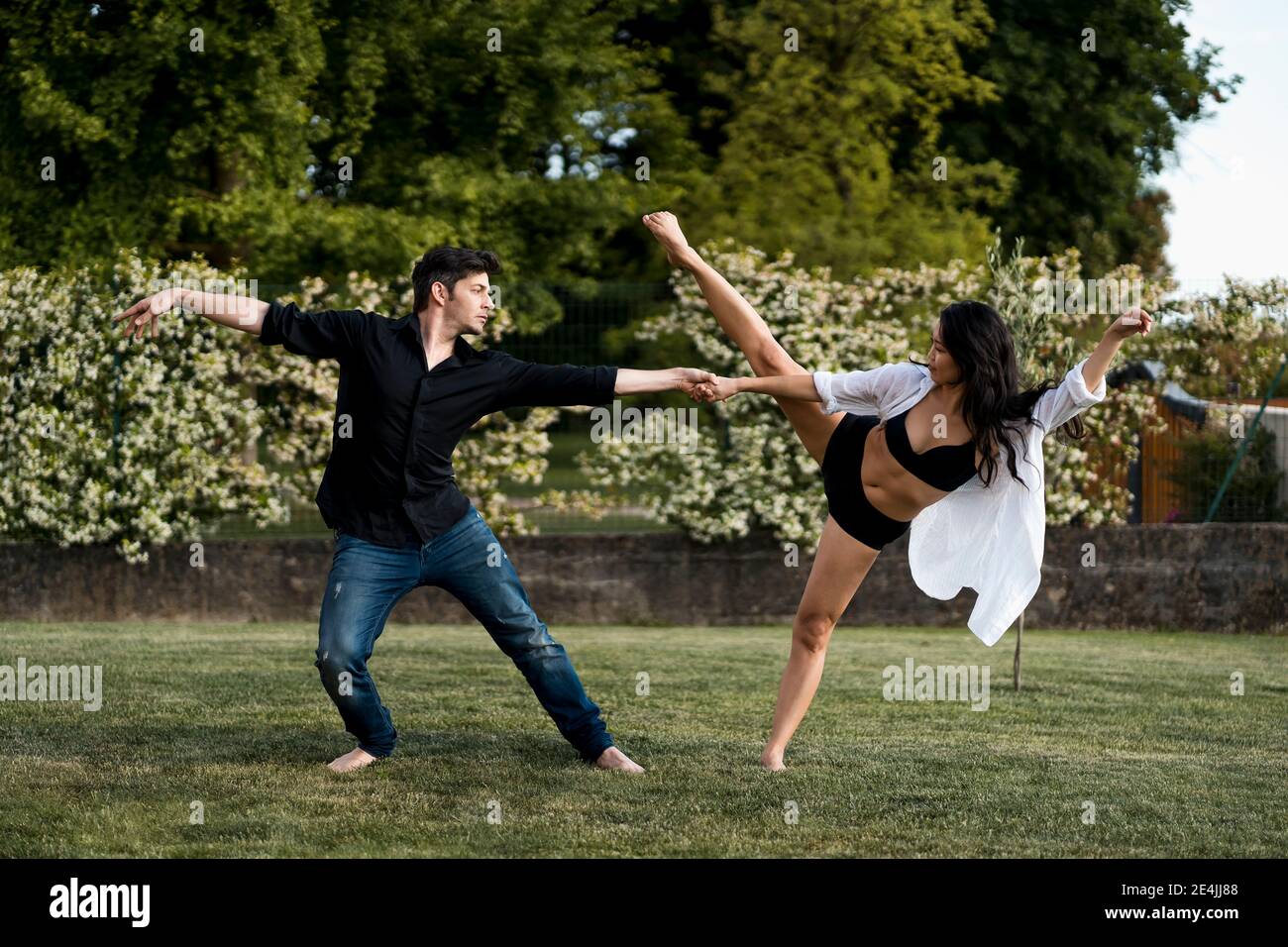 Dancer couple holding hand while dancing over grass in back yard Stock ...