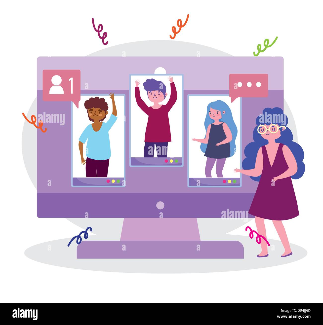 virtual party, woman with people connected by internet celebration ...