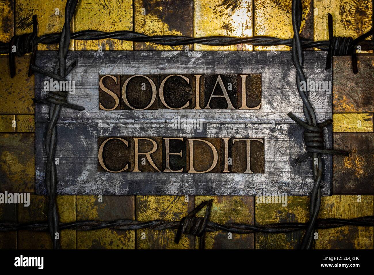 Social Credit text on vintage textured silver grunge copper and gold ...