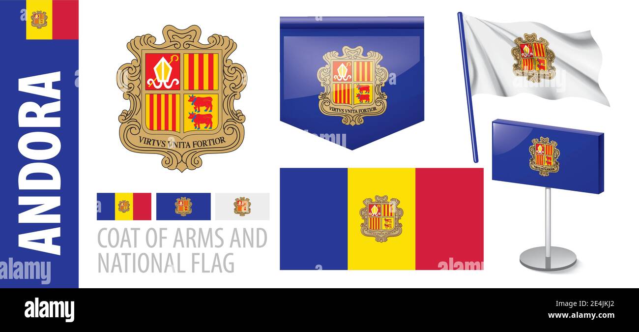Vector set of the coat of arms and national flag of Andorra Stock ...