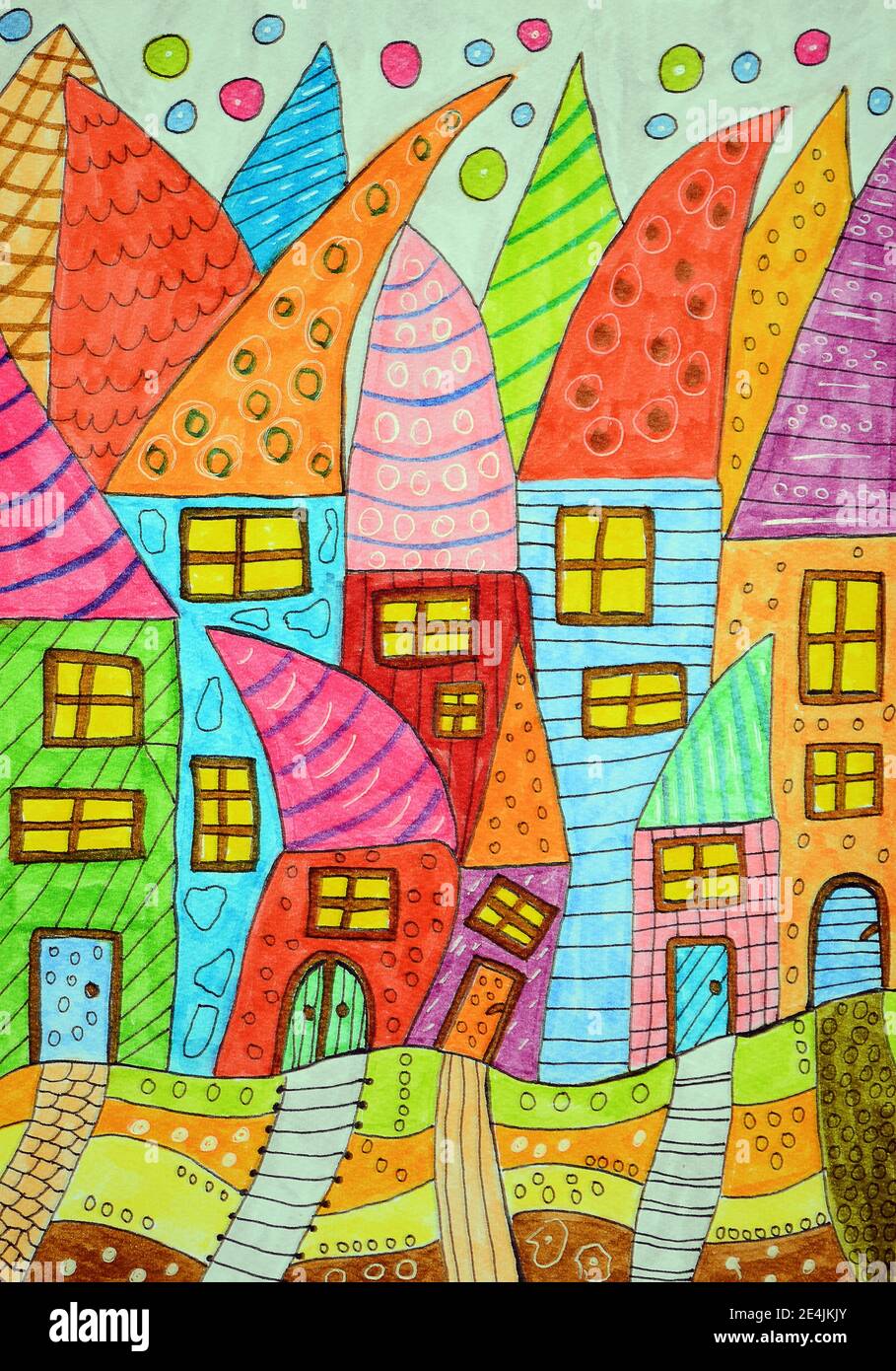 Colourful houses with sloping roofs, naive painting Stock Photo - Alamy