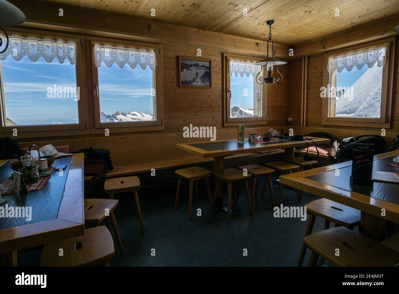 Interior of the restaurant in the Mönchsjoch Hut near the Mönch ...
