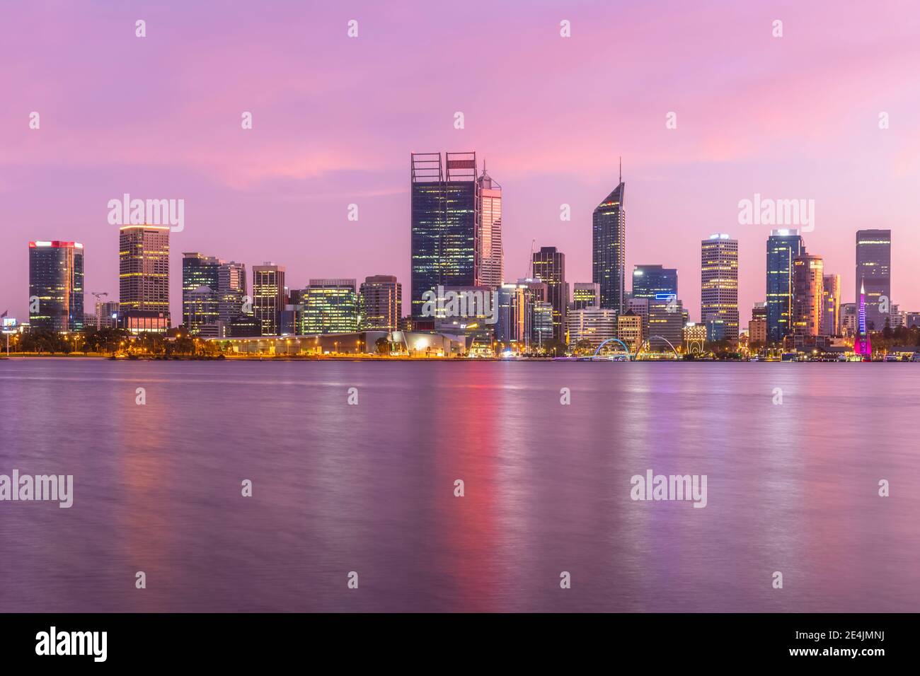 Australia, Perth, Downtown skyscrapers seen across Swan river ...