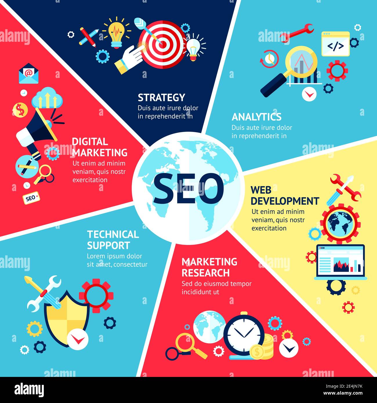 Seo infographic set with strategy analytics technical support web ...