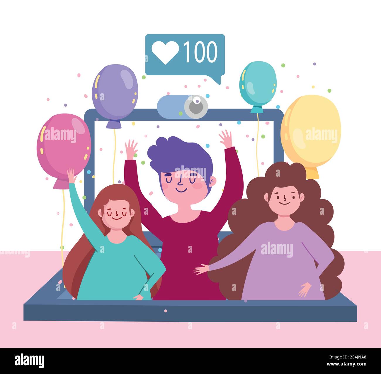 virtual party, happy man and women video call celebration meeting ...