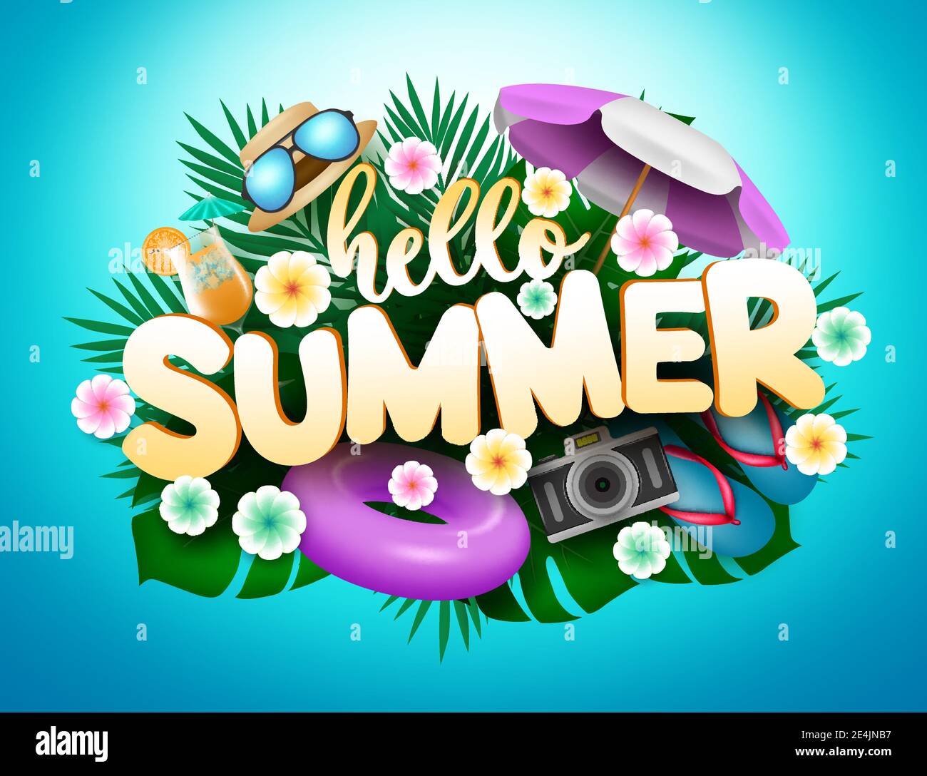 Hello summer vector concept design. Hello summer text in palm leaves ...
