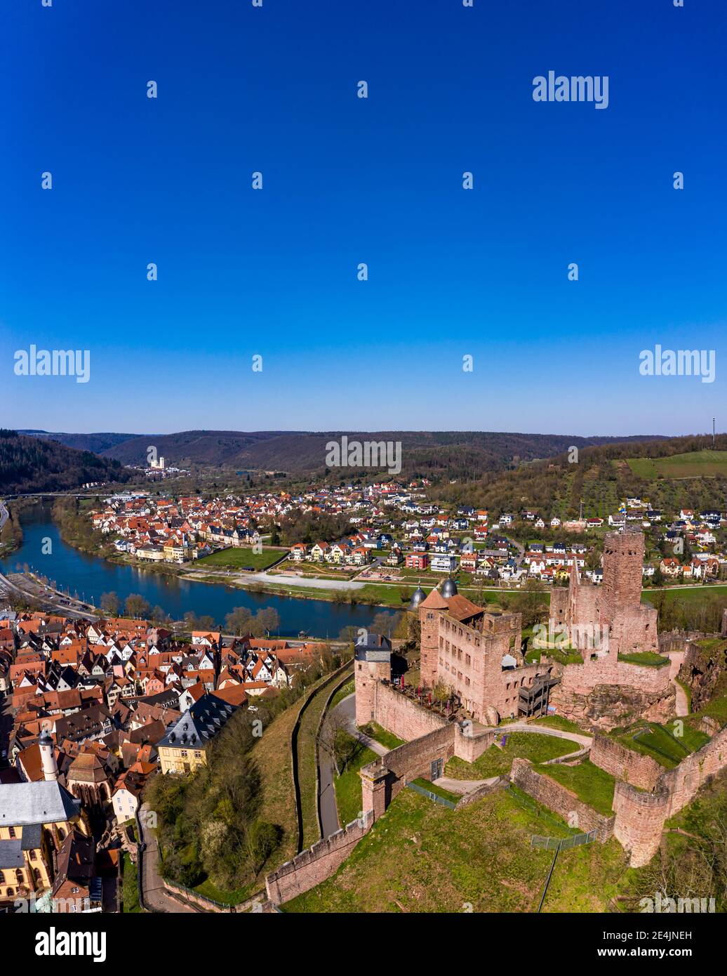 Helicopter view wertheim castle surrounding town summer hi-res stock ...