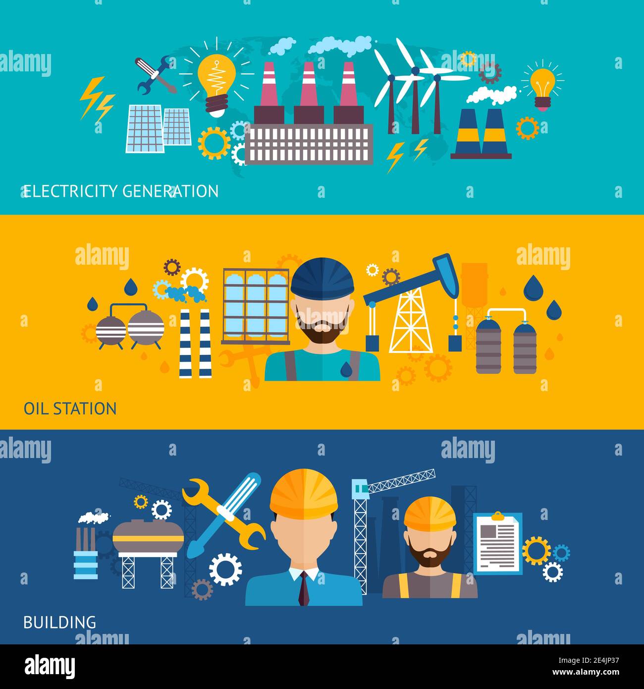 Industrial banner set with factories and plant buildings and engineer ...